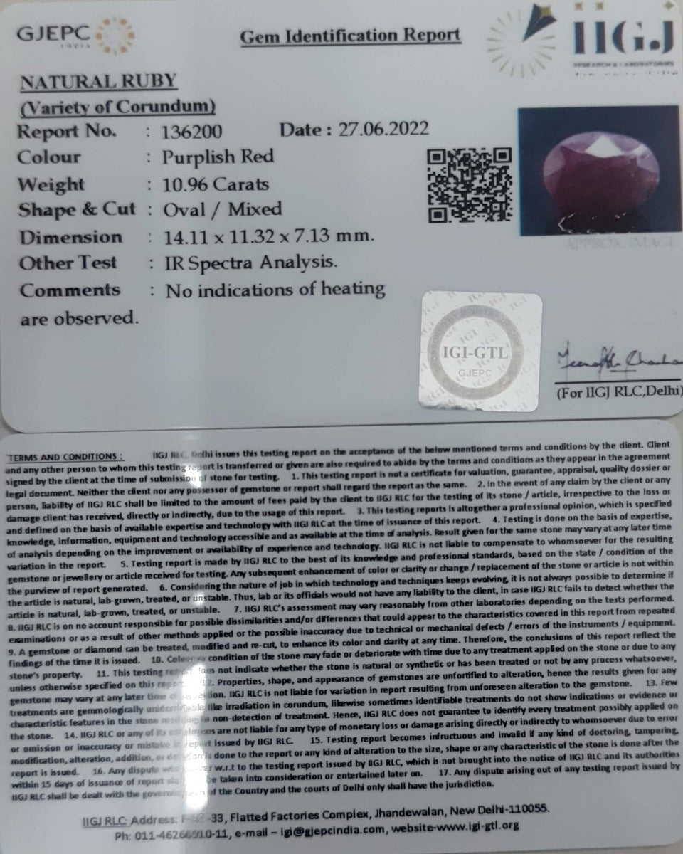 10.96/CT Natural Indian Ruby with Govt. Lab Certificate-2331 | Gem Selections