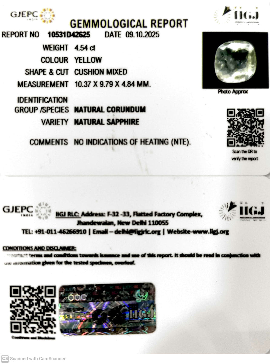 4.54/CT Natural Yellow Sapphire With Govt Lab Certificate (12210) | Gem ...