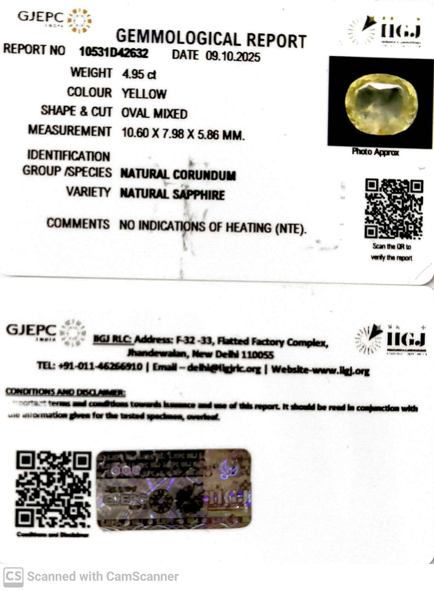 7.61/CT Natural Yellow Sapphire With Govt Lab Certificate (12210) | Gem ...