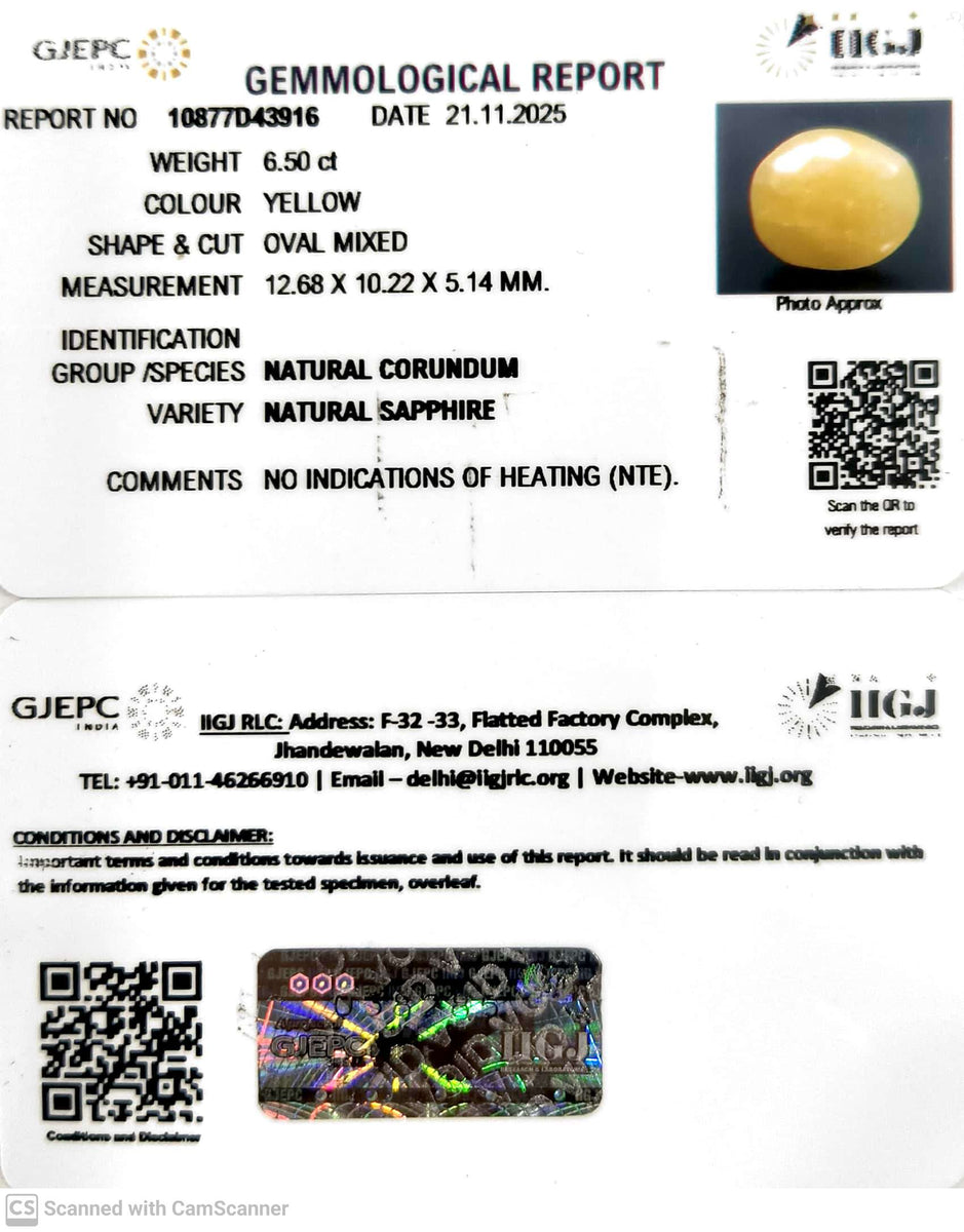 6.50/CT Natural Yellow Sapphire With Govt Lab Certificate (2331) | Gem ...