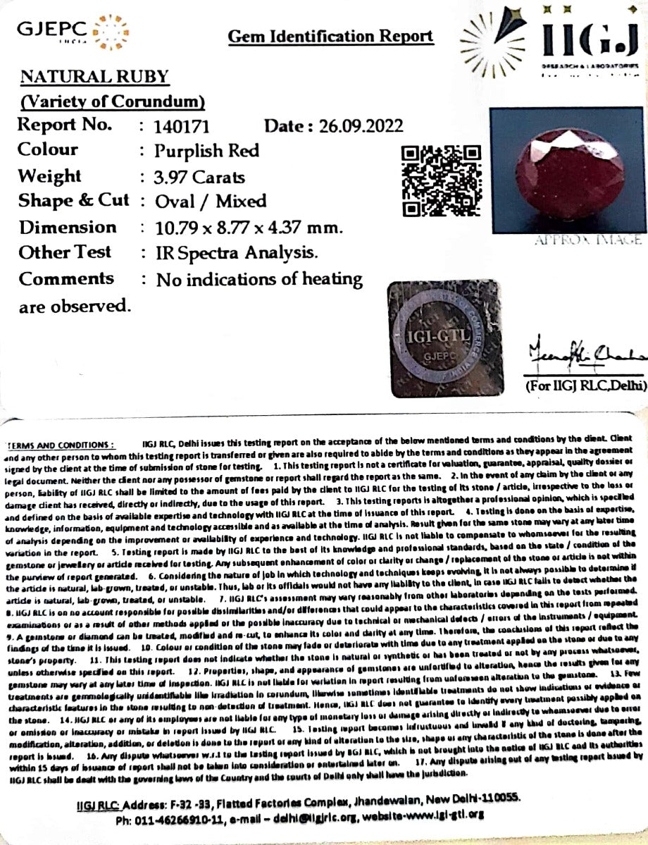 3.97/CT Natural Indian Ruby with Govt. Lab Certificate-(1221) | Gem ...