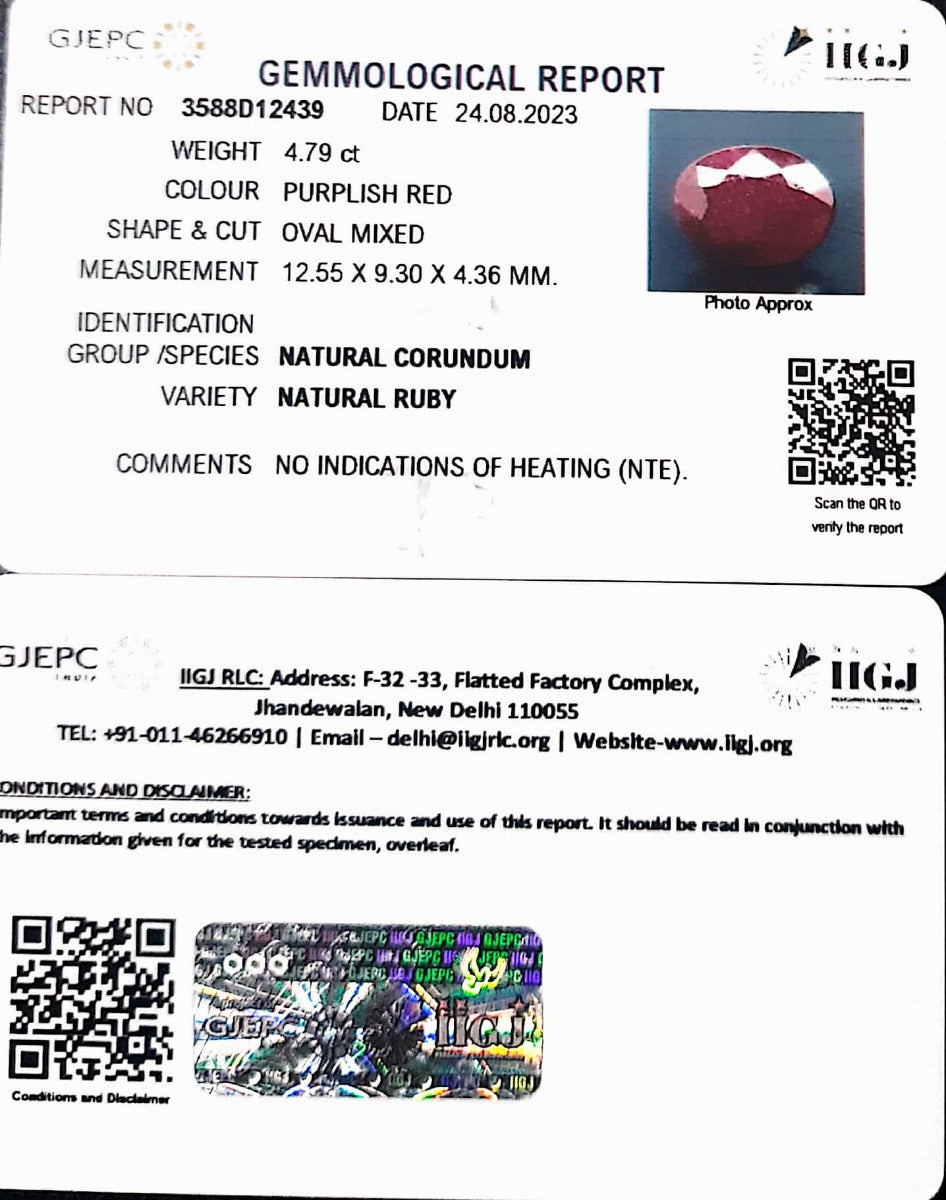 4.79/CT Natural Indian Ruby with Govt. Lab Certificate (1221) | Gem ...